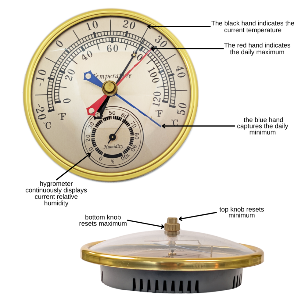 Dual Scale Thermometer with Hygrometer, tracks Minimum-Maximum